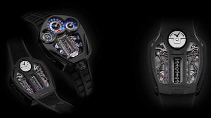 This is a Bugatti Tourbillon-inspired watch with a teeny V16 engine ...
