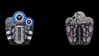 This is a Bugatti Tourbillon-inspired watch with a teeny V16 engine ...