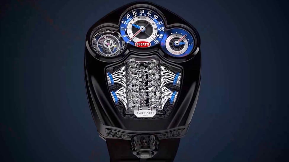 This is a Bugatti Tourbillon-inspired watch with a teeny V16 engine ...