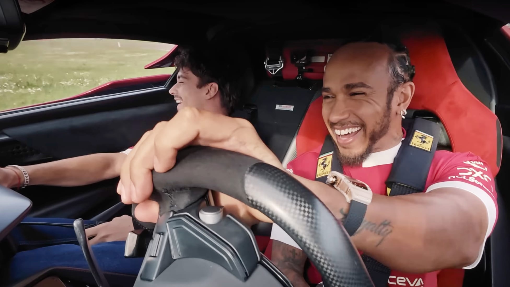 Watch and listen as Hamilton and Leclerc send it in the £3.1m Ferrari ...