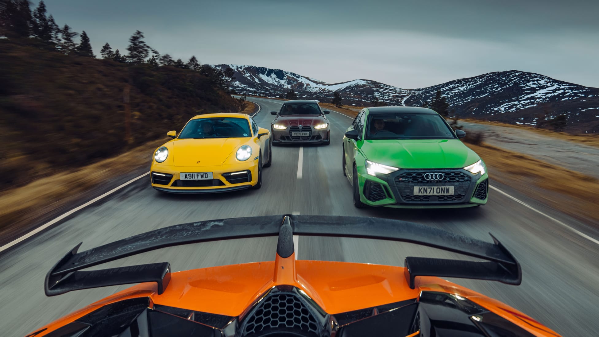 Audi RS3 vs BMW M3 vs Porsche 911 vs... an Aventador? | Top Gear