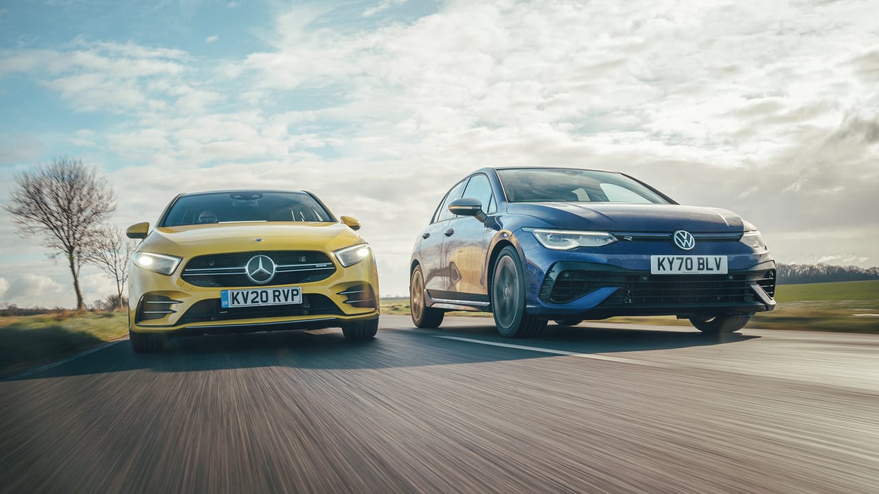 Posh hot hatch fight: VW Golf R Mk8 vs Mercedes-AMG A35 | Top Gear