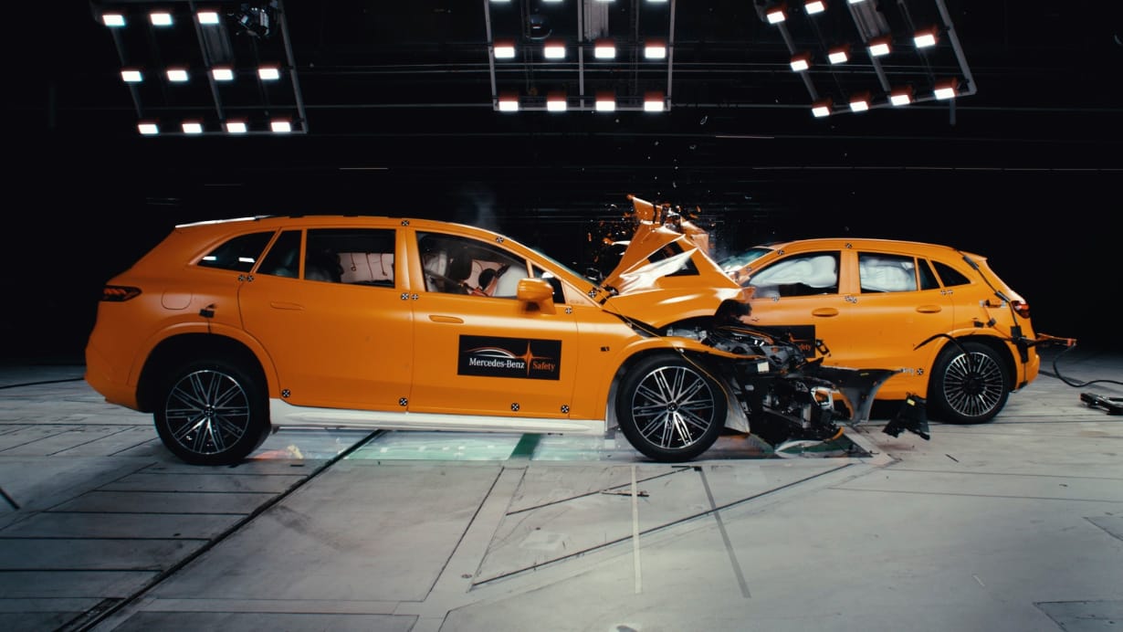 Watch Mercedes crash test an EQS SUV into an EQA | Top Gear