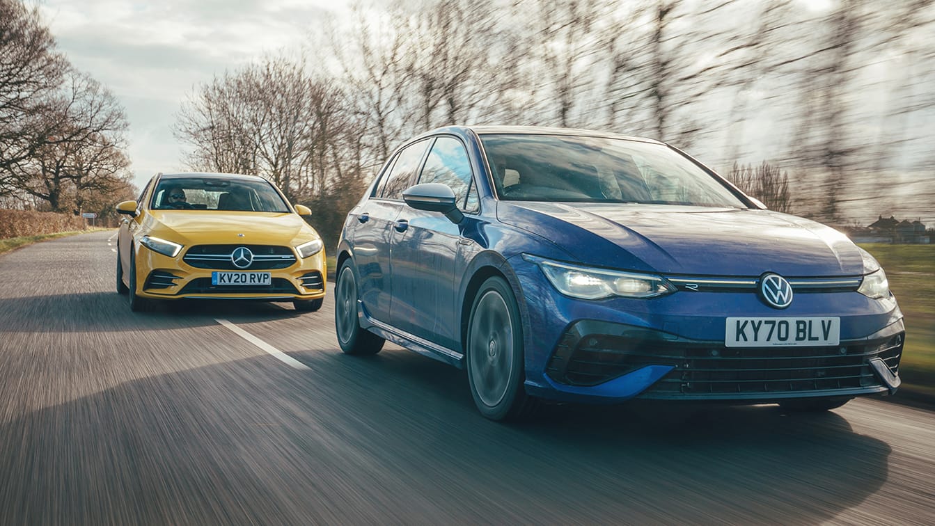 Posh hot hatch fight: VW Golf R Mk8 vs Mercedes-AMG A35 | Top Gear