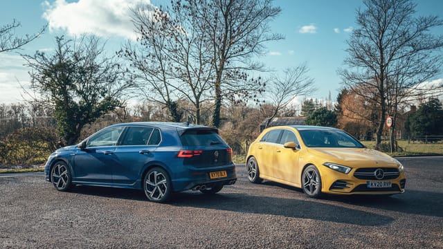 Posh hot hatch fight: VW Golf R Mk8 vs Mercedes-AMG A35 | Top Gear