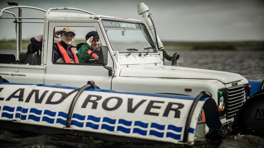 Driving Land Rover's 'Floating Ninety' Defender... on a Scottish loch ...