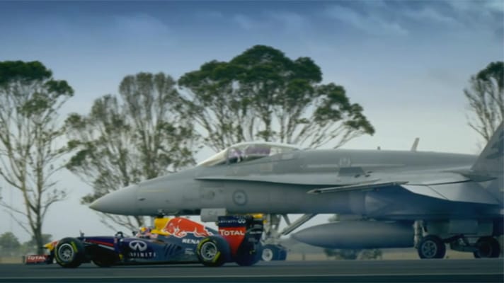 Red Bull F1 car races fighter jet | Top Gear