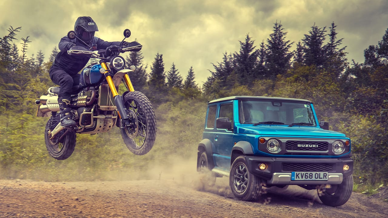 Off-road race: Suzuki Jimny vs Triumph Scrambler | Top Gear